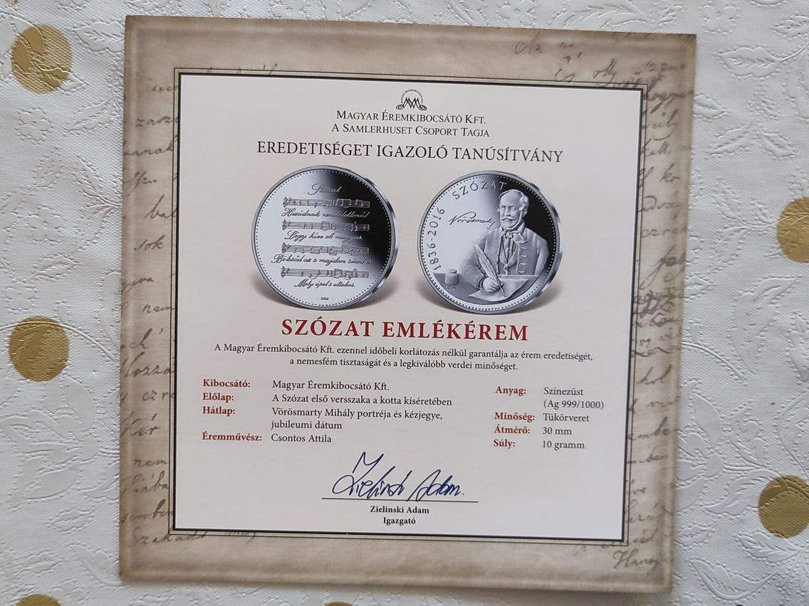Vörösmarty Mihály:Szózat színezüst emlékérem tanúsítvánnyal