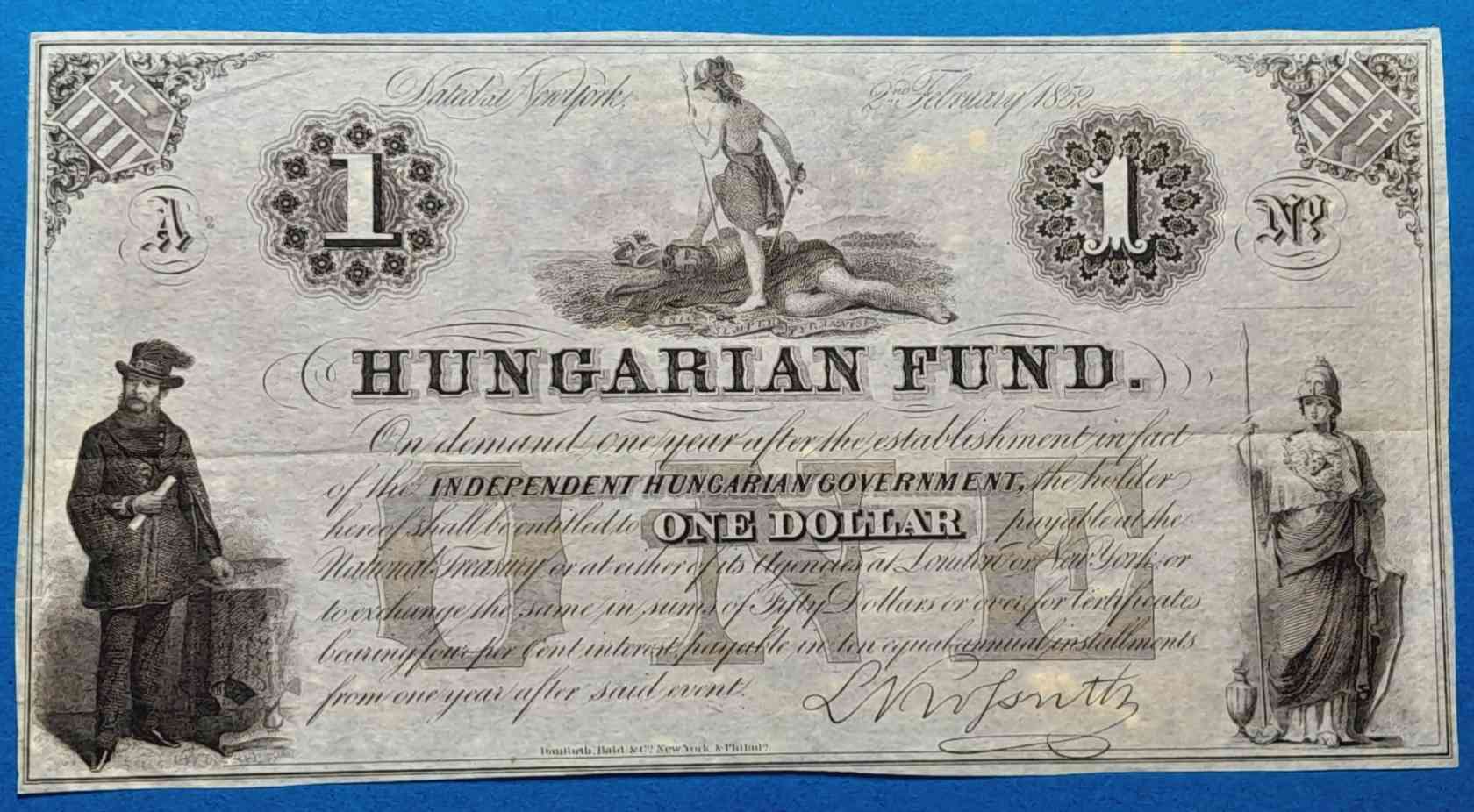 1852 -es Ropogós Emigrációs Kossuth Hungarian Fund. one dol ...