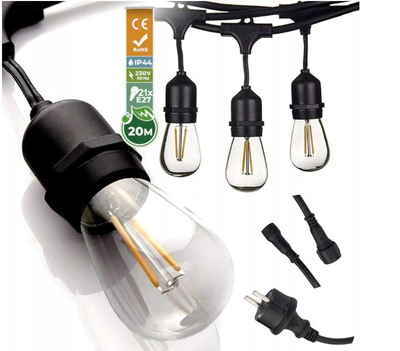 Kültéri fényfüzér kerti égősor girland 20m + 21db 1W LED izzó IP44 E27 ...