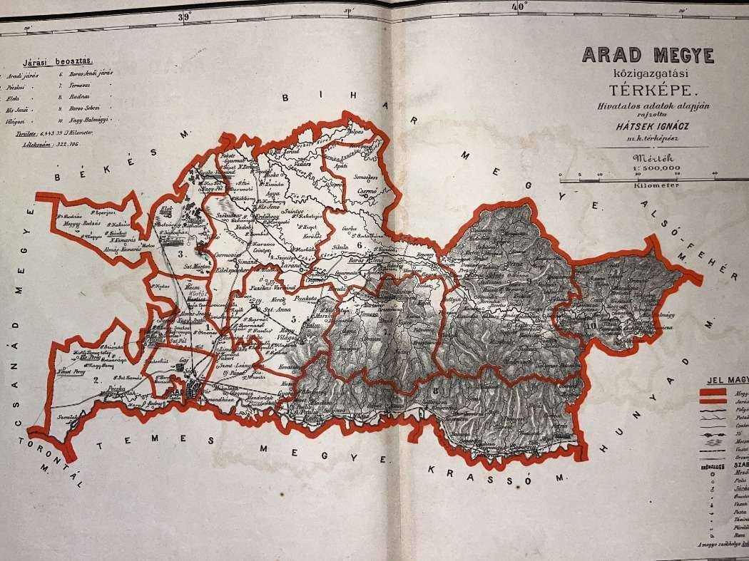 1880 Arad vármegye határszínezett kőnyomatos térképe - Hátsek Ignác ...