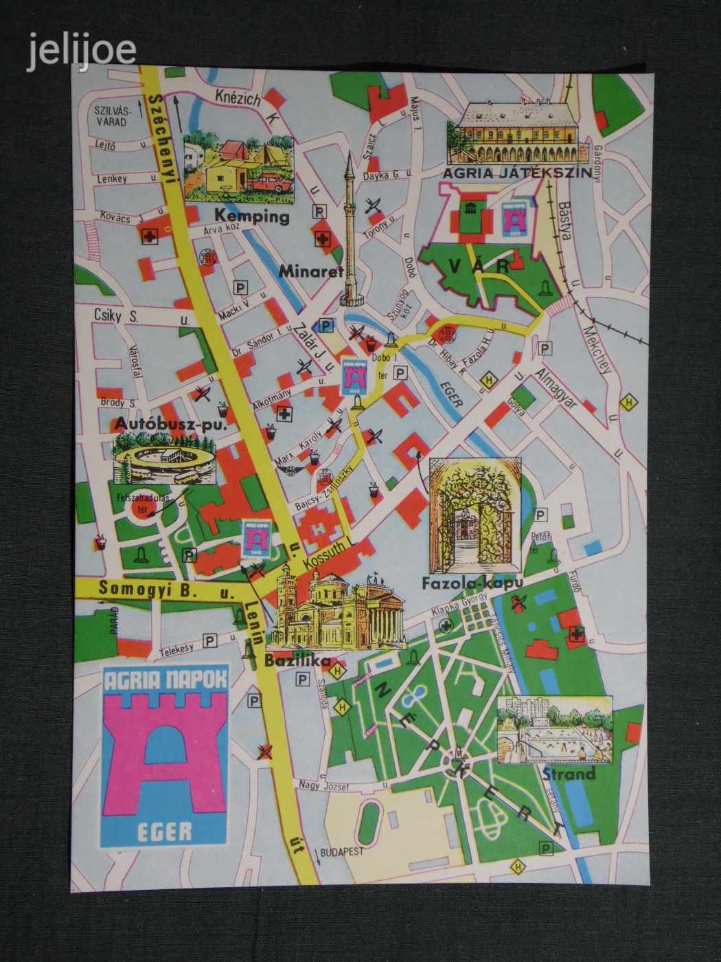 Képeslap,térképes,Eger Agria napok,kemping,MÁVAUT buszpályaudvar,Liceum ...
