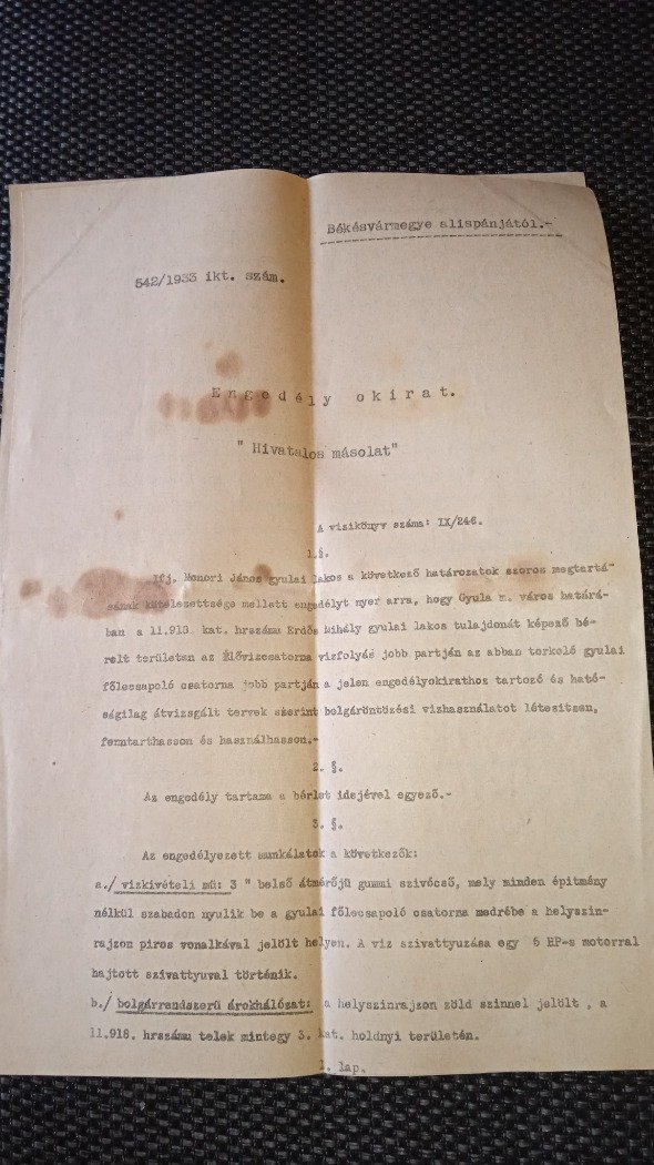 1933 GYULA ENGEDÉLY BOLGÁRÖNTÖZÉSI VIZHASZNÁLATRA BÉKÉSVÁRMEGYE ...