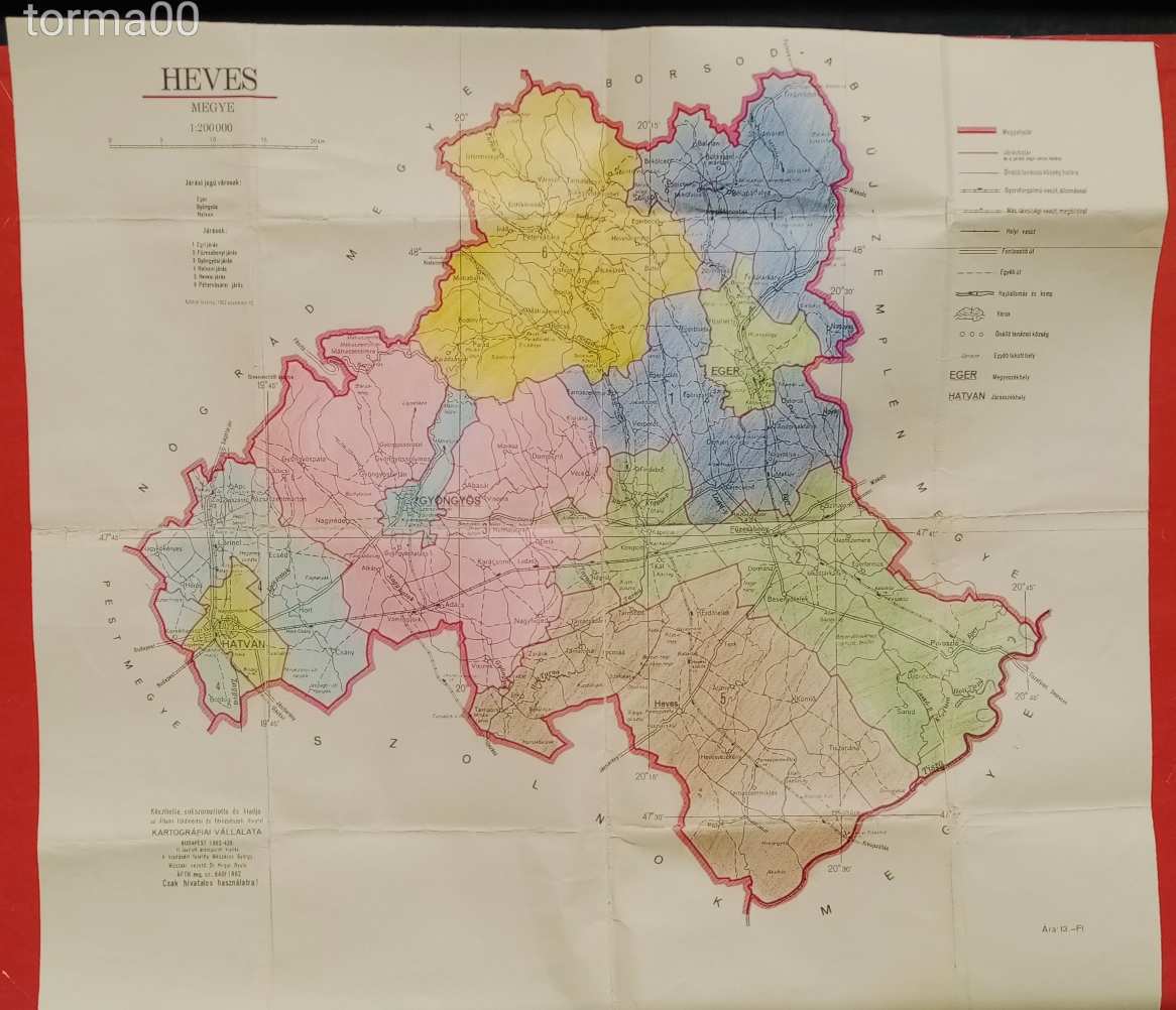 HEVES MEGYE térképe, 1: 200 000, 48x55cm - 1962. Csak hivatalos ...