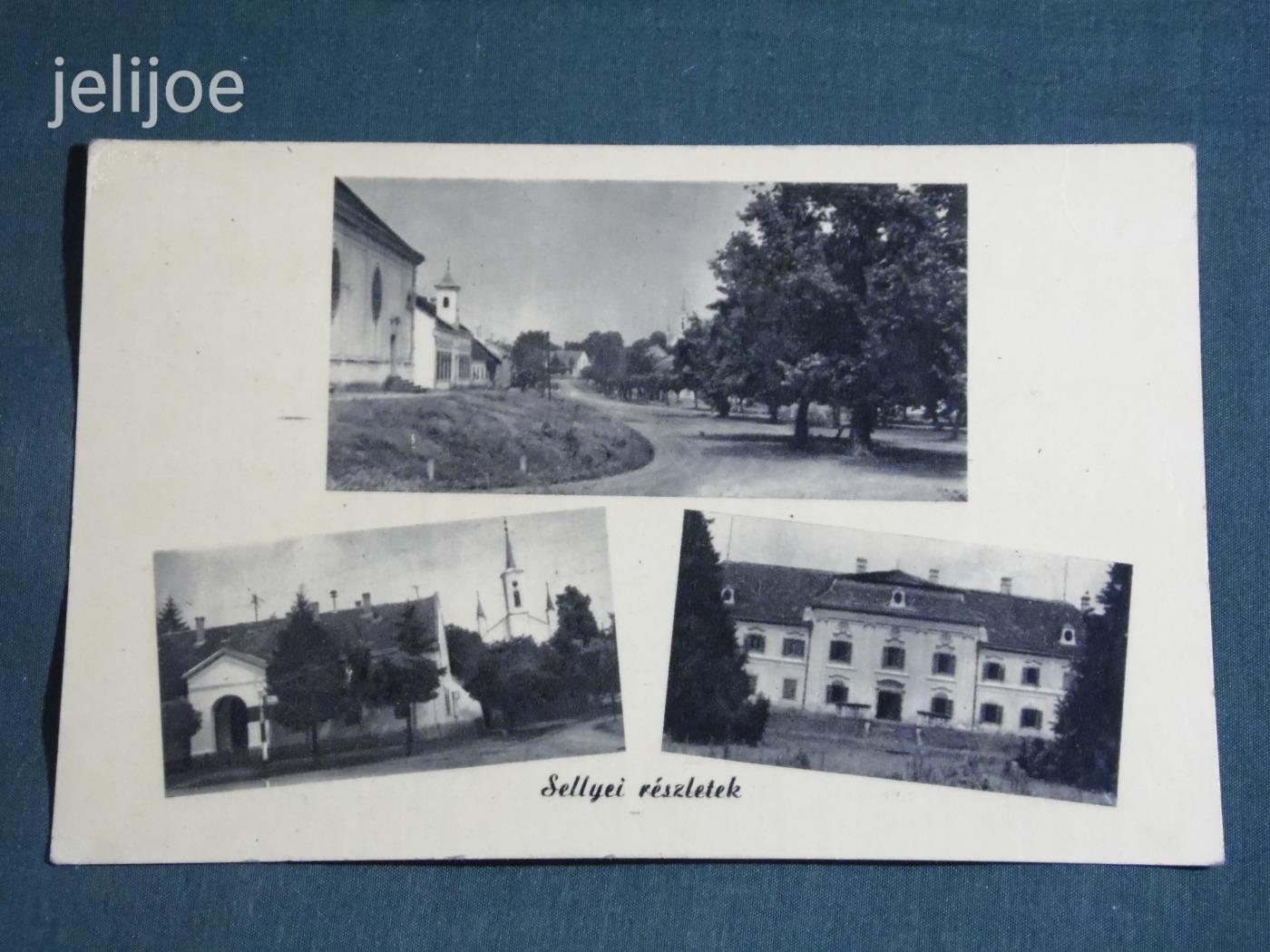 Képeslap, Sellye, mozaik,utca,templom,Draskovich-kastély,1958