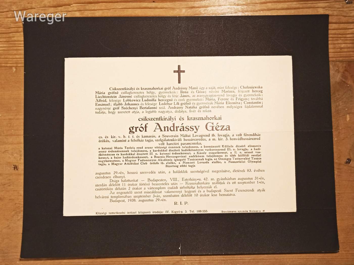 Gróf Andrássy Géza huszár ezredes gyászjelentése - Vatera.hu